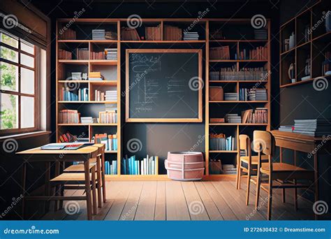 Empty School Classroom With Bookcases And Chalkboard Providing A Haven Of Learning And Empty School Classroom With Bookcases And Chalkboard Providing A Haven Of Learning And