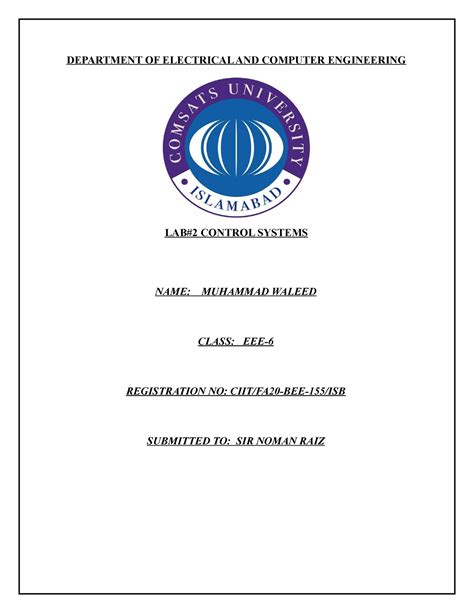 CS LAB Waleed Control System Lab No In This DEPARTMENT OF ELECTRICAL AND COMPUTER Studocu