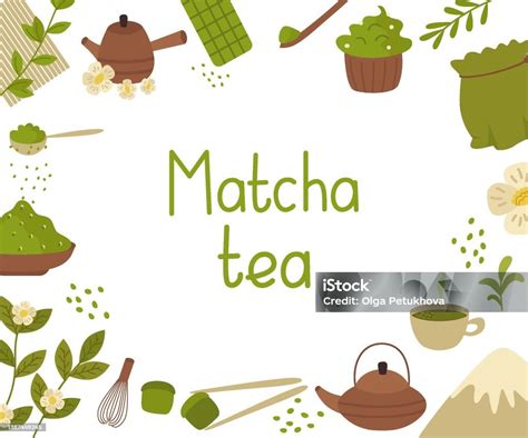말차 분말로 만든 녹차 요소와 배너 주전자 컵 대나무 숟가락 거품기 스트레이너 과자 및 음료 초콜릿 벡터 그림입니다 장식 또는 인쇄용 0명에 대한 스톡 벡터 아트 및 기타
