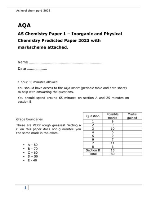 As Chemistry Paper 1 Inorganic And Physical Chemistry Predicted Paper 2023 With Marking Scheme