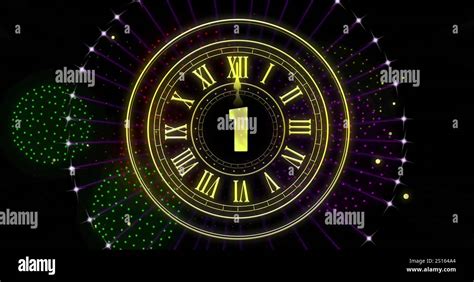 Image Of Clock Showing Midnight And Fireworks Exploding On Black
