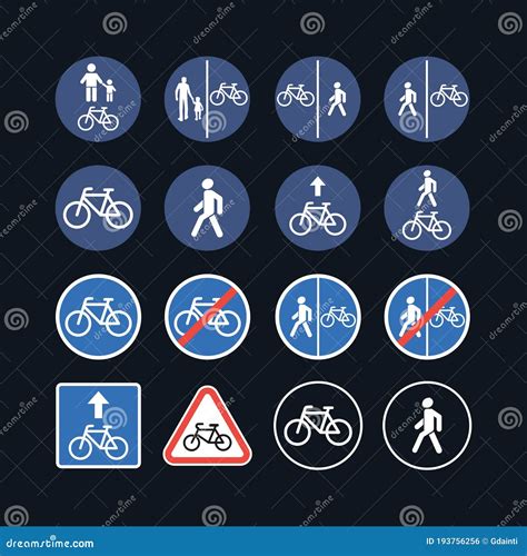 Bicycle And Pedestrian Traffic Warning Road Signs Illustration Icon Set Isolated Stock Vector