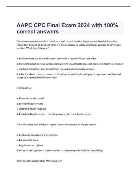 AAPC CPC Final Exam With Correct Answers AAPC CPC Stuvia US