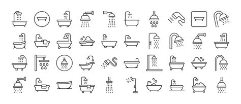 샤워 및 욕조 라인 아이콘 컬렉션 그래픽 및 웹 디자인 앱 광고 다양한 카드에 대한 개요 표지판 샤워시설에 대한 스톡 벡터 아트 및 기타 이미지 Istock