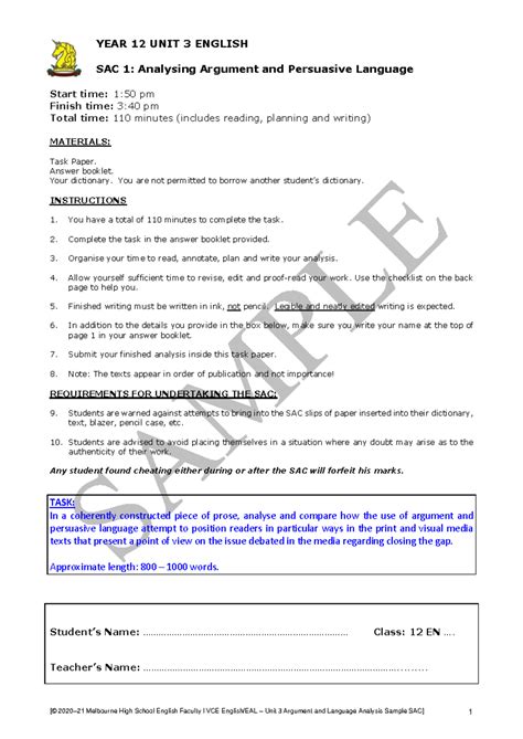 Argument Analysis Sac Sample 1 Year 12 Unit 3 English Sac 1