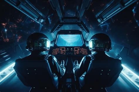 Premium Ai Image A Futuristic Scene With Two People In Helmets And A Spaceship Cockpit