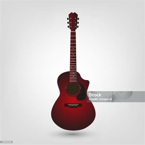 흰색 배경에 빨간색 벡터 어쿠스틱 기타 나무 아이콘 그것에 6 개의 문자열 붉은 색의 뮤지컬 기타 기호는 가수 뮤지컬 브랜드