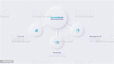 Neumorphism 순서도 인포그래픽 슬라이드 3가지 옵션이 있는 비즈니스 프로젝트 시각화의 개념 3에 대한 스톡 벡터 아트 및 기타 이미지 Istock