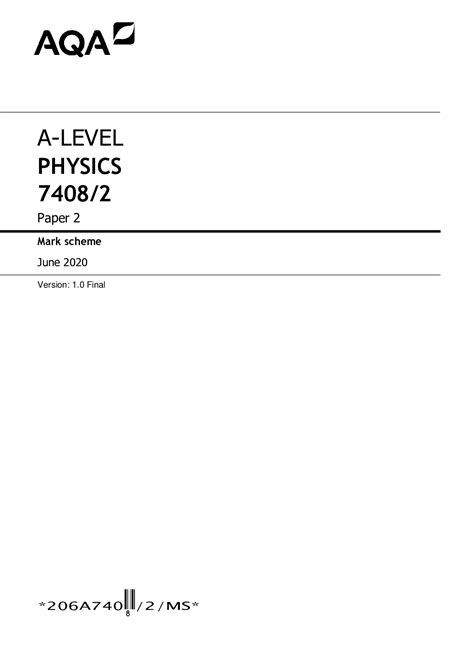 Official June 2024 Aqa A Level Physics 7408 2 Paper 2 Merged Question Paper Mark Scheme