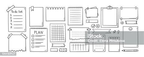 손으로 그린 메모 용지 시트 스티커 메모 미리 알림 목록 스티커 테이프와 핀을 할 수 있습니다 낙서 스타일의 총알 저널 요소입니다 흰색 배경의 벡터 그림 개체 그룹에 대한