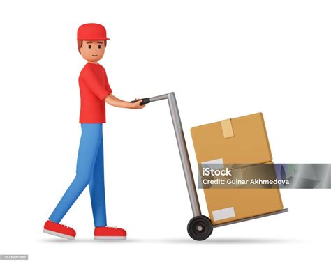 흰색 배경에 격리된 상자 3d 그림으로 손수레를 밀고 있는 택배 남자 물류 개념 배달 남자 밀고 창고 손수레 상자 3d 그림 3차원 형태에 대한 스톡 사진 및 기타 이미지