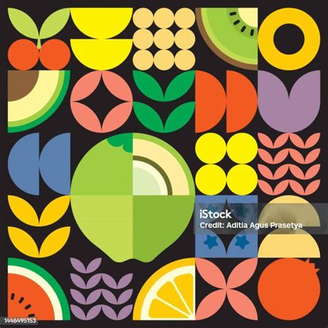 기하학적 여름 신선한 과일 컷 작품 포스터 화려한 간단한 모양 스칸디나비아 스타일의 플랫 추상 벡터 패턴 디자인 검은 배경에 코코넛의 미니멀리스트 그림입니다 0명에 대한