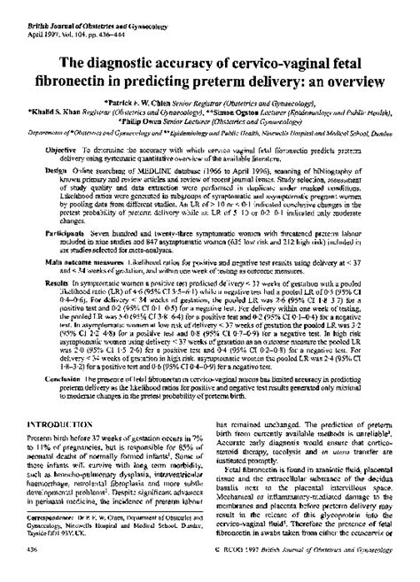 Pdf The Diagnostic Accuracy Of Cervico Vaginal Fetal Fibronectin In Predicting Preterm