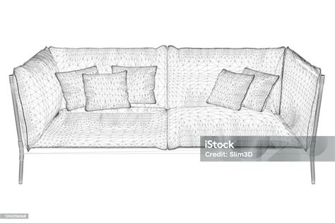흰색 배경에 고립 된 검은 색 라인의 베개가있는 소파 와이어 프레임 3d 벡터 일러스트레이션 드로잉에 대한 스톡 벡터 아트 및 기타 이미지 Istock