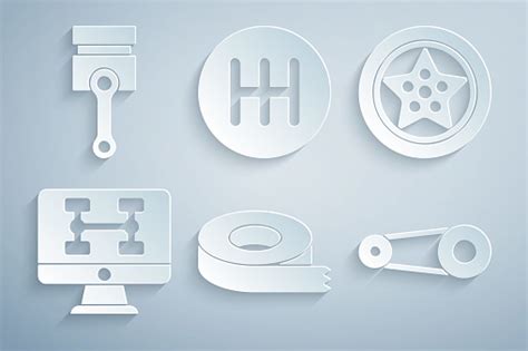 세트 스카치 테이프 자동차 바퀴 자동차의 진단 조건 타이밍 벨트 키트 기어 시프터 및 엔진 피스톤 아이콘 벡터 3차원 형태에