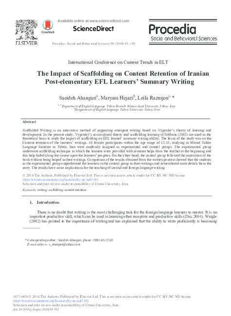 Pdf The Impact Of Scaffolding On Content Retention Of Iranian Post Elementary Efl Learners