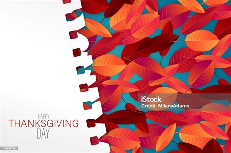 추수 감사절 전단지 또는 포스터 가을 전통적인 미국 휴일 단풍 나무와 오크 빨간색과 오렌지 잎찢어진 종이 시트로 덮여 배경 벡터 그림입니다 10월에 대한 스톡 벡터 아트 및