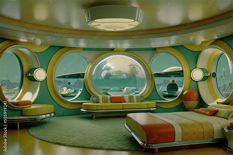 Ilustracja Stock A 1970s Interior Room Googie Architecture Highly Detailed Hyper Real Retro