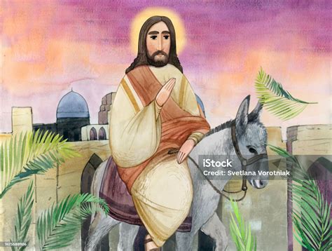 종려 주일의 수채화 그림 그리스도 께서 나귀를 타고 예루살렘에 들어가예수 사람들은 종려 나무 가지로 그를 맞이합니다 기독교 교회