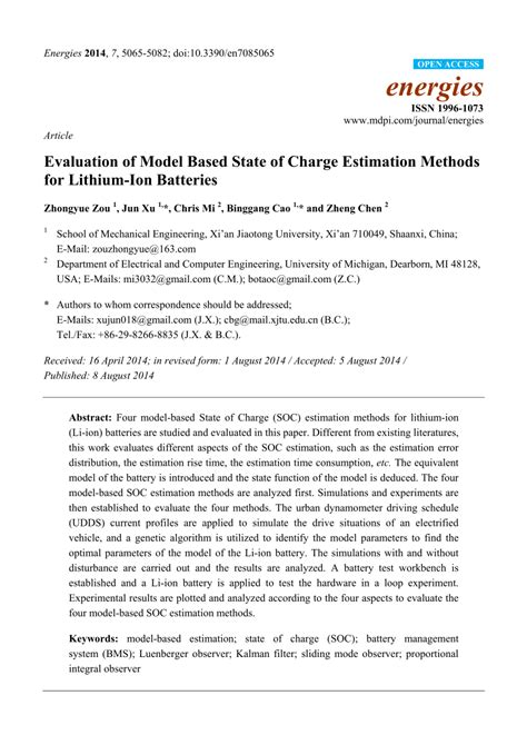 Pdf Evaluation Of Model Based State Of Charge Estimation Methods For