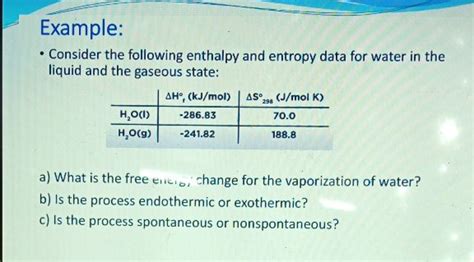 example consider the following enthalpy and entropy data for water in
