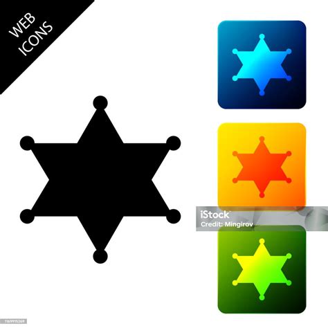 흰색 배경에 격리 된 헥사그램 보안관 아이콘입니다 경찰 배지 아이콘입니다 설정 아이콘 다채로운 사각형 버튼 벡터 일러스트레이션 개척시대의 서부에 대한 스톡 벡터 아트 및