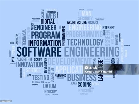 소프트웨어 엔지니어링을 위한 단어 구름 배경 개념입니다 컴퓨터 프로그래밍 시스템 응용 프로그램 관리의 클라우드 기술 개발 벡터 그림입니다 0명에 대한 스톡 벡터 아트 및