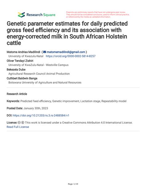 Pdf Genetic Parameter Estimates For Daily Predicted Gross Feed Efficiency And Its Association