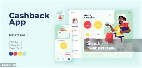 캐쉬백 앱 화면 벡터 적응형 디자인 템플릿 인터넷 쇼핑 플랫 문자와 환불 응용 프로그램 데이 모드 인터페이스 고객 프로필 스마트폰 태블릿 스마트 워치 만화 Ui 가공의