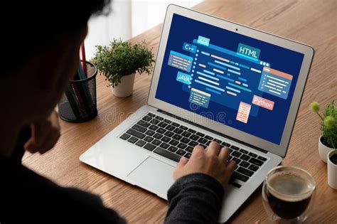 Software Development Or Programming Work With Coding Screen Brisk Stock