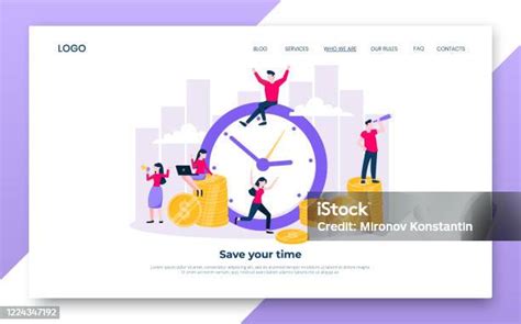시간은 돈입니다 흰색 배경에 격리 된 시간 방문 페이지 개념 평면 스타일 벡터 그림을 절약 할 수 있습니다 미국 동전 큰 시계 사람들과 돈 성장의 금융 투자 및 마케팅 계획