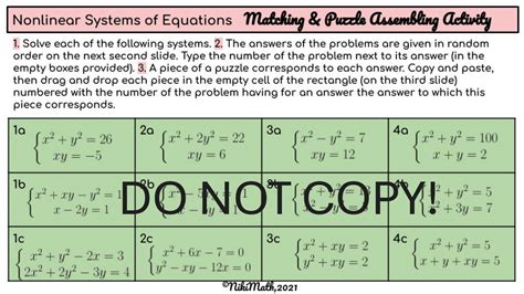 Nonlinear Systems Of Equations Matching And Puzzle Assembling Activity Teacher Professional
