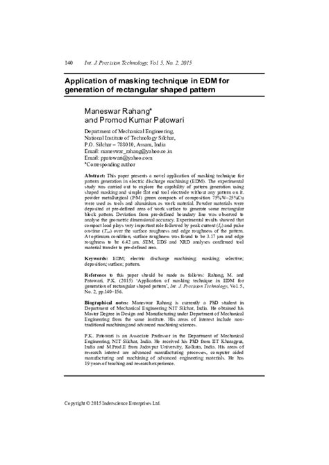 Pdf Application Of Masking Technique In Edm For Generation Of