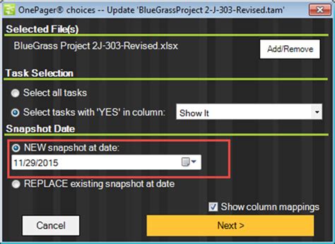 adding a snapshot via push update onepager express desktop for