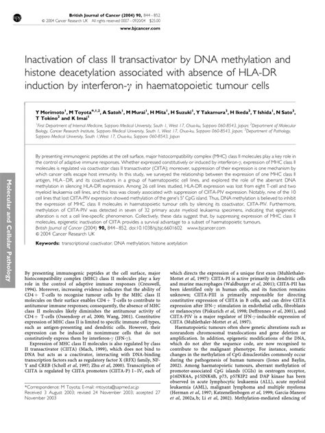 Pdf Inactivation Of Class Ii Transactivator By Dna Methylation And Histone Deacetylation