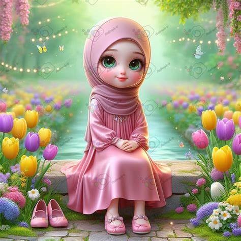 بک گراند کودکانه دختر ناز با حجاب نشسته روی سکوی سنگی در باغ لاله ها کد 43622 ویژه عکس گراف