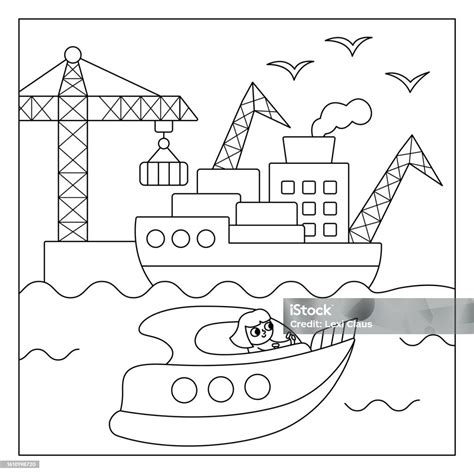 벡터 흑백 사각형 장면은 스피드보트와 항구에서 항해하는 소녀와 함께 있습니다 운송 라인 그림 또는 색칠 공부 페이지 귀여운 아이가 교통편을 운전하고 있다 수상 차량 풍경