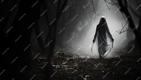 Scary Ghost In The Dark Forest Halloween Concept Premium Ai Generated