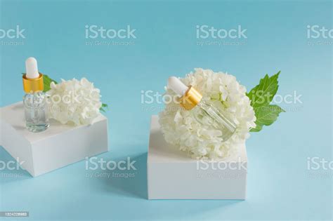 의료 및 화장품 용 유리 드롭퍼 병 2 개와 밝은 파란색 배경에 흰색 부드러운 꽃 꽃 스킨 케어와 Spa 컨셉 0명에 대한 스톡 사진 및 기타 이미지 Istock