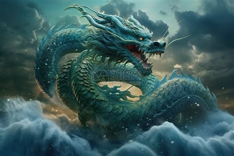蓝绿色中国龙云端飞翔海浪翻腾插画图片下载 正版图片402483550 摄图网