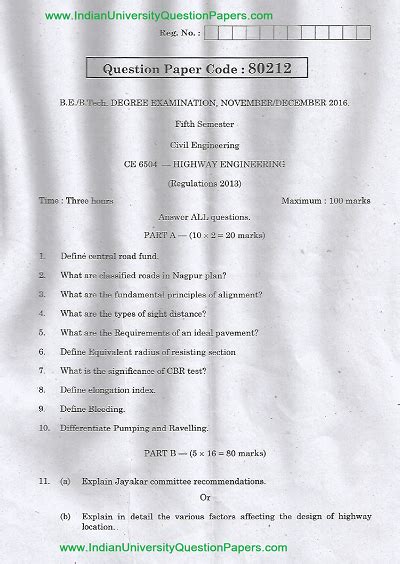 Ce6504 Highway Engineering Nov Dec 2016 Question Paper University