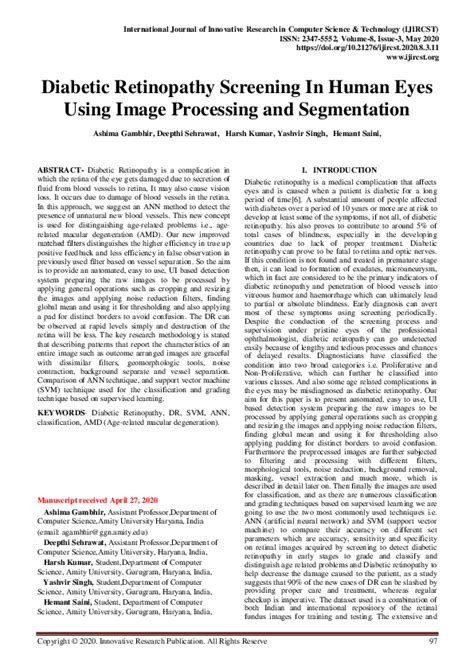 Pdf Diabetic Retinopathy Screening In Human Eyes Using Image Processing And Segmentation