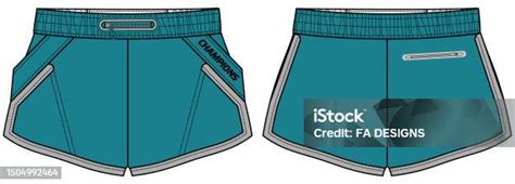 레트로 러닝 트레일 반바지 저지 디자인 플랫 스케치 일러스트레이션 활동적인 착용 반바지 디자인을 추적하기 위한 앞면과 뒷면이 있는 운동 짧은 반바지 개념 0명에 대한 스톡