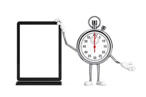 귀하의 디자인 3d 렌더링을 위한 템플릿으로 빈 전시회 Lcd 화면 디스플레이 스탠드가 있는 현대 스톱워치 만화 사람 캐릭터 마스코트 프리미엄 사진