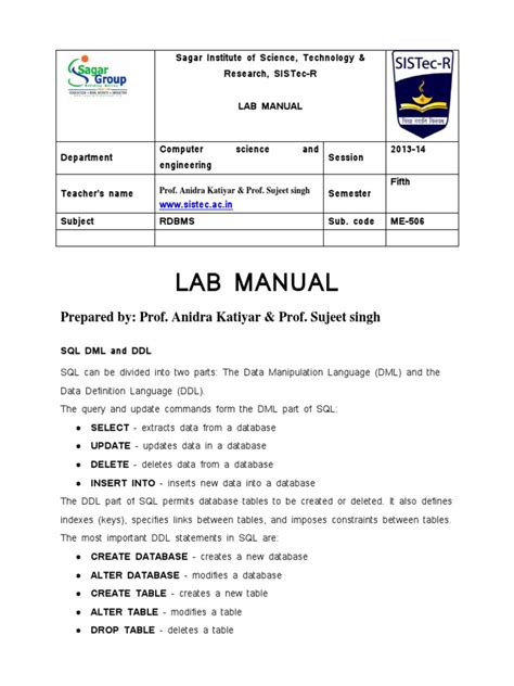 Pdf Dbms Lab Manual Rgpv Dokumentips