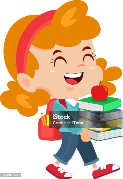 Un Personnage De Dessin Animé Décolière Heureuse Va À Lécole Avec Un