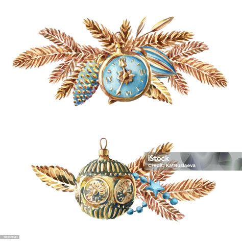 흰색 배경에 격리 된 수채화 그림입니다 별 구슬과 크리스마스 복고풍 장난감 갈색 소나무 가지의 화환 12월에 대한 스톡 벡터 아트 및 기타 이미지 Istock