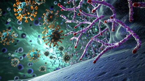 Colorful Depiction Of Microscopic Viruses Interacting With Human Cells