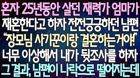 반전 사연 혼자 25년동안 살던 재력가 엄마가 재혼한다고 하자 전전긍긍하던 남편 너무 이상해서 내가 뒷조사를 하자그 결과 남편이 나락으로 떨어지는데 사이다사연라디오