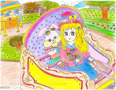 밝은 만화 캐릭터 애니메이션 스타일 소녀 토끼 와 어린 소녀는 함께 로얄 캐리지 어린이 일러스트 벡터 2021 갈색 머리에 대한 스톡 벡터 아트 및 기타 이미지 Istock